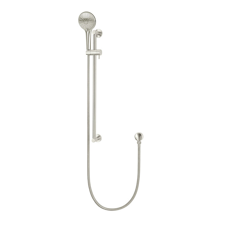 BRUSHED NICKEL ROUND THREE FUNCTION HAND SHOWER ON RAIL COLUMN — Mandk
